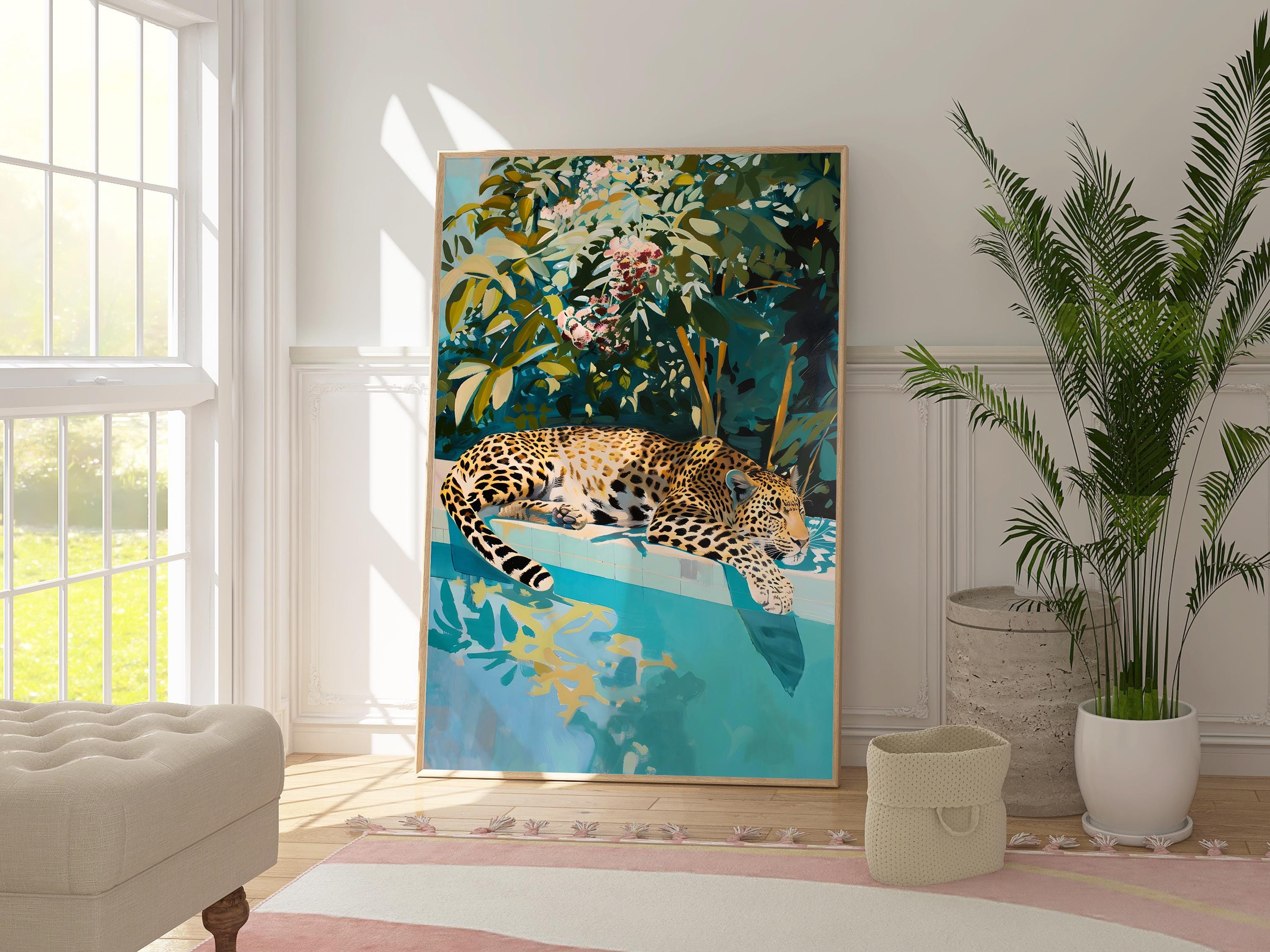 Printable Leopard at the Pool Poster, Tropical Jungle Digital Art ...
