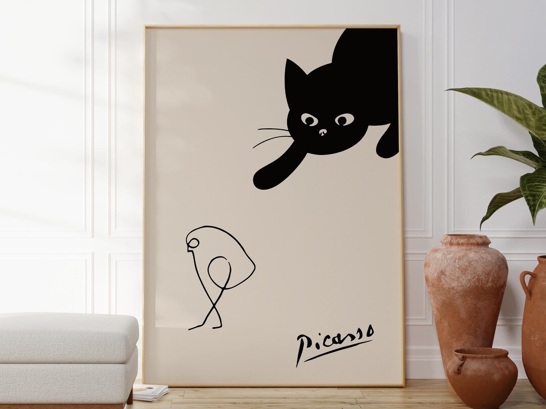 Pablo Picasso Funny Cat Print, Cat Chasing a Bird Poster, Minimalist ...