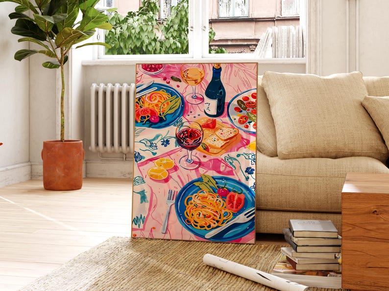 Spaghetti Art Digital Print, Italian Food Poster, Bright Colourful ...