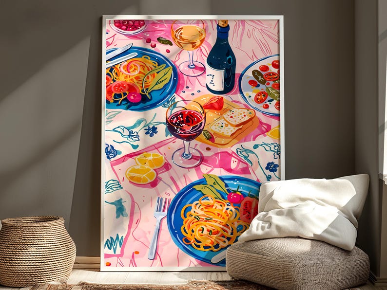 Spaghetti Art Digital Print, Italian Food Poster, Bright Colourful ...