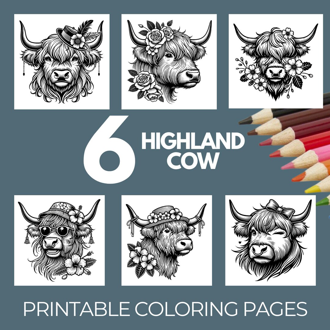 Boho Highland Cow Adult Coloring Pages | Longhorn Printable Art | 6 ...