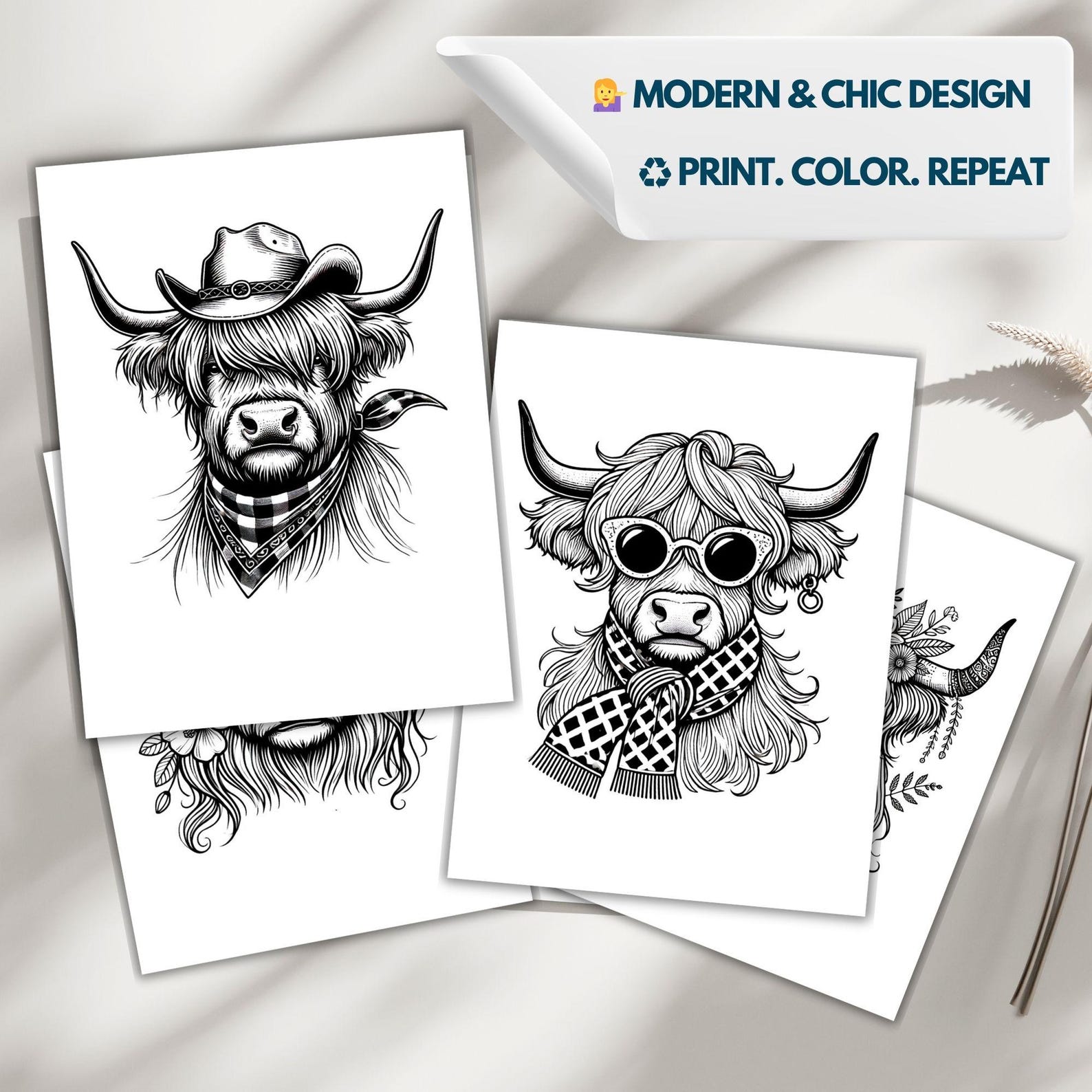 Highland Cow Coloring Pages | 12 Boho Line Art for Remarkable, E-ink ...
