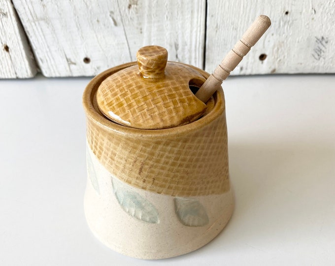 Ceramic Honey Pot With Wood Dipper With Green Leaf, Handmade Honey Jar ...