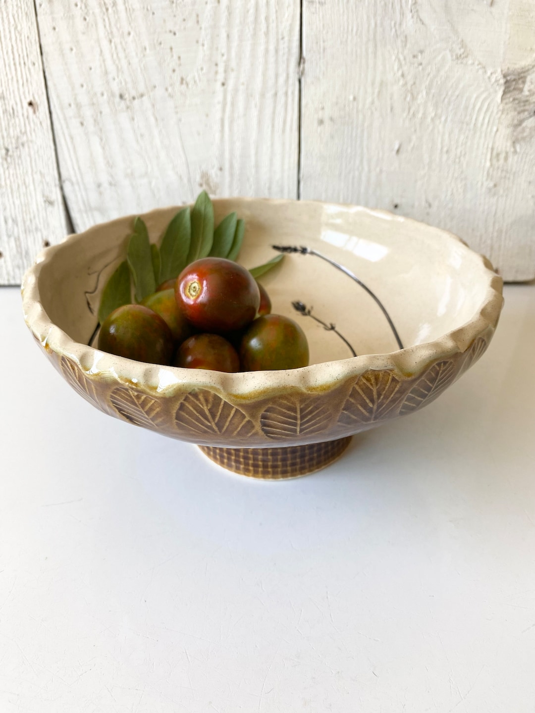 High Footed Decorative Ceramic Fruit Bowl With Lavender Imprint for the ...