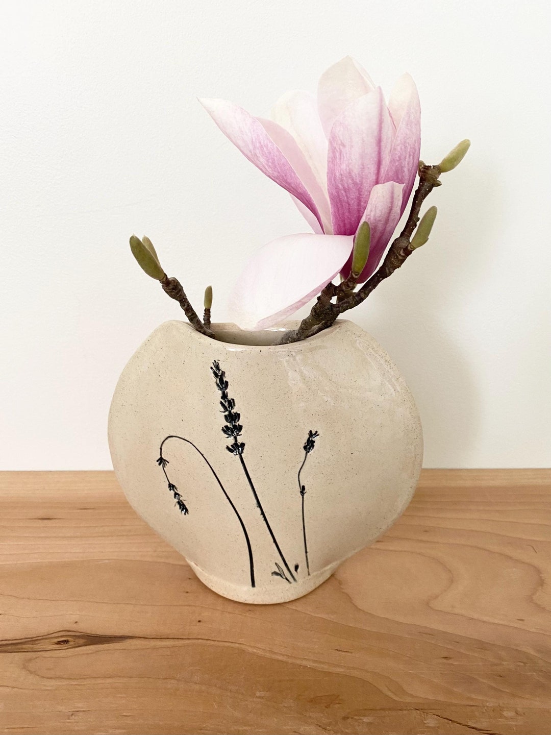 Small Round Flower Vase in White With Lavender Imprint, Ceramic ...