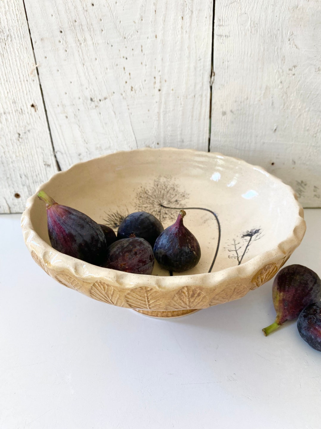High Footed Ceramic Fruit Bowl With Queen Anne's Lace Imprint for the ...