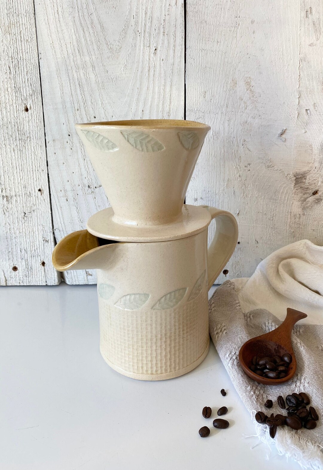 Ceramic Pour Over Coffee Set With Teal Leaf Pattern, a Handmade Brewing ...