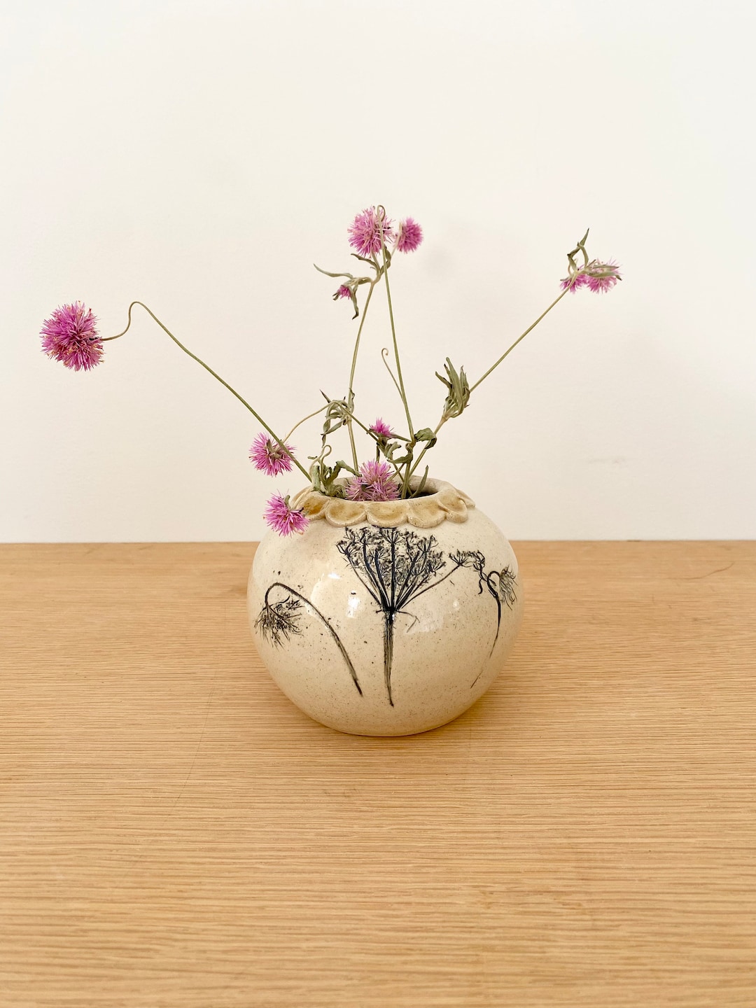 Small Round Flower Vase in White With Queen Anne's Lace Imprint ...