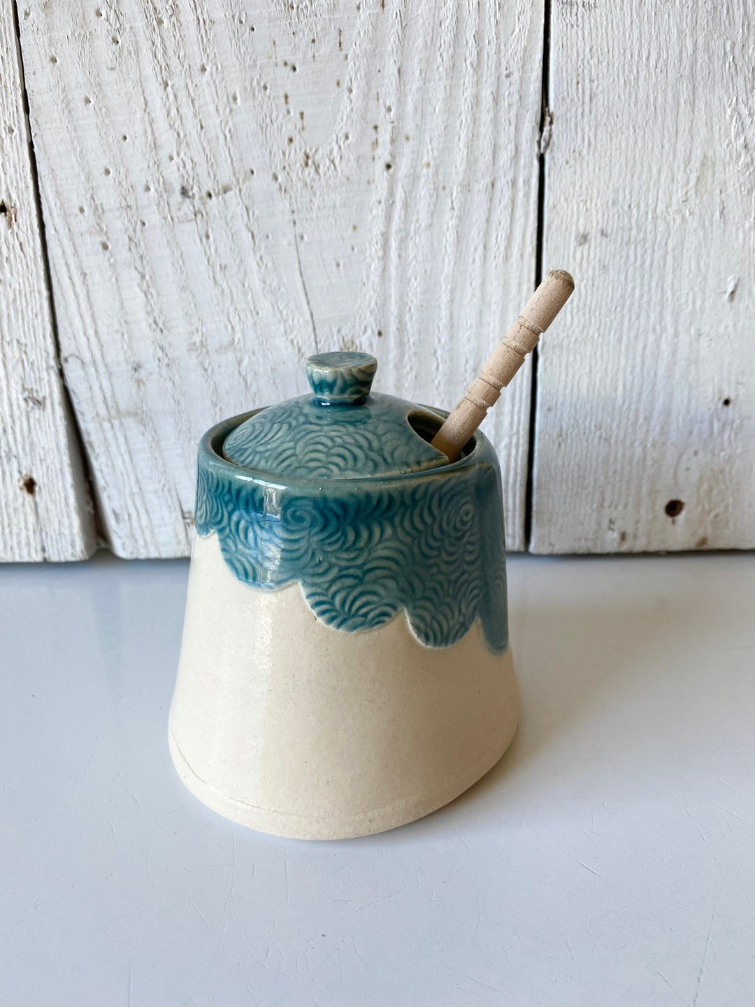 Ceramic Honey Pot With Wood Dipper in Teal Green, Handmade Honey Jar ...