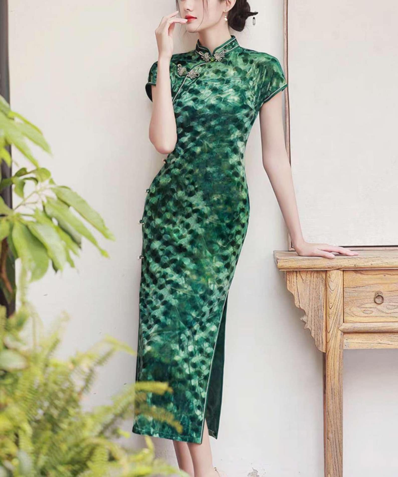 Velvet Green Qipao Dress, Retro Cheongsam for Women, Vintage Chinese ...