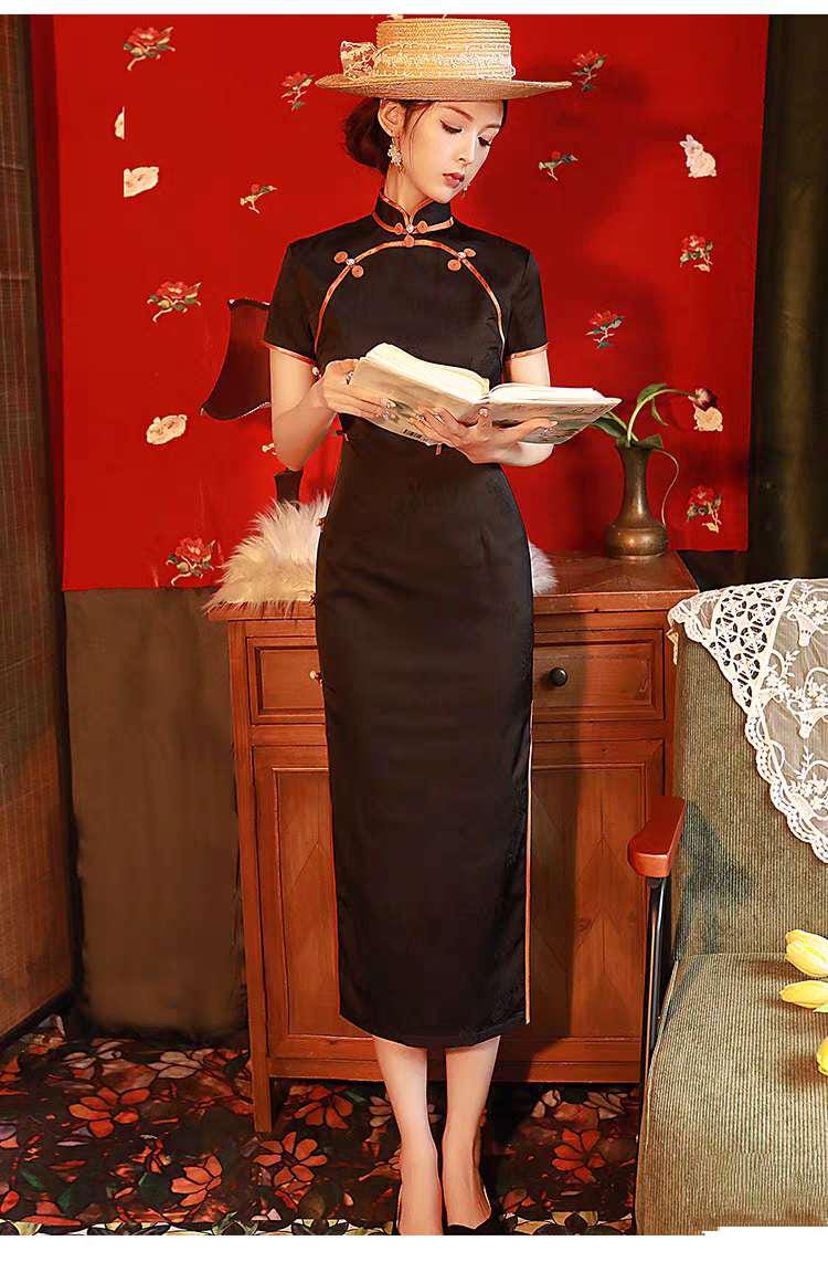 Black Satin Qipao Dress, Vintage Cheongsam Gown, Elegant, Traditional ...