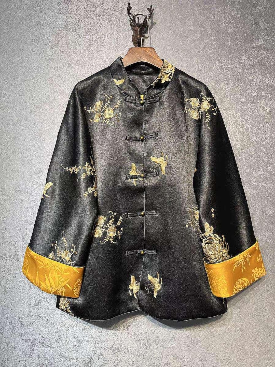 Silk Chinese Tang Jacket, Black Coat, Traditional Chinese Suit, Vintage ...