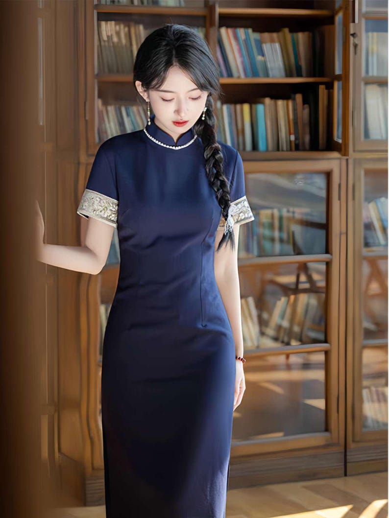 Blue Linen Cheongsam - Minimalist Navy Blue Cheongsam - Sustainable ...