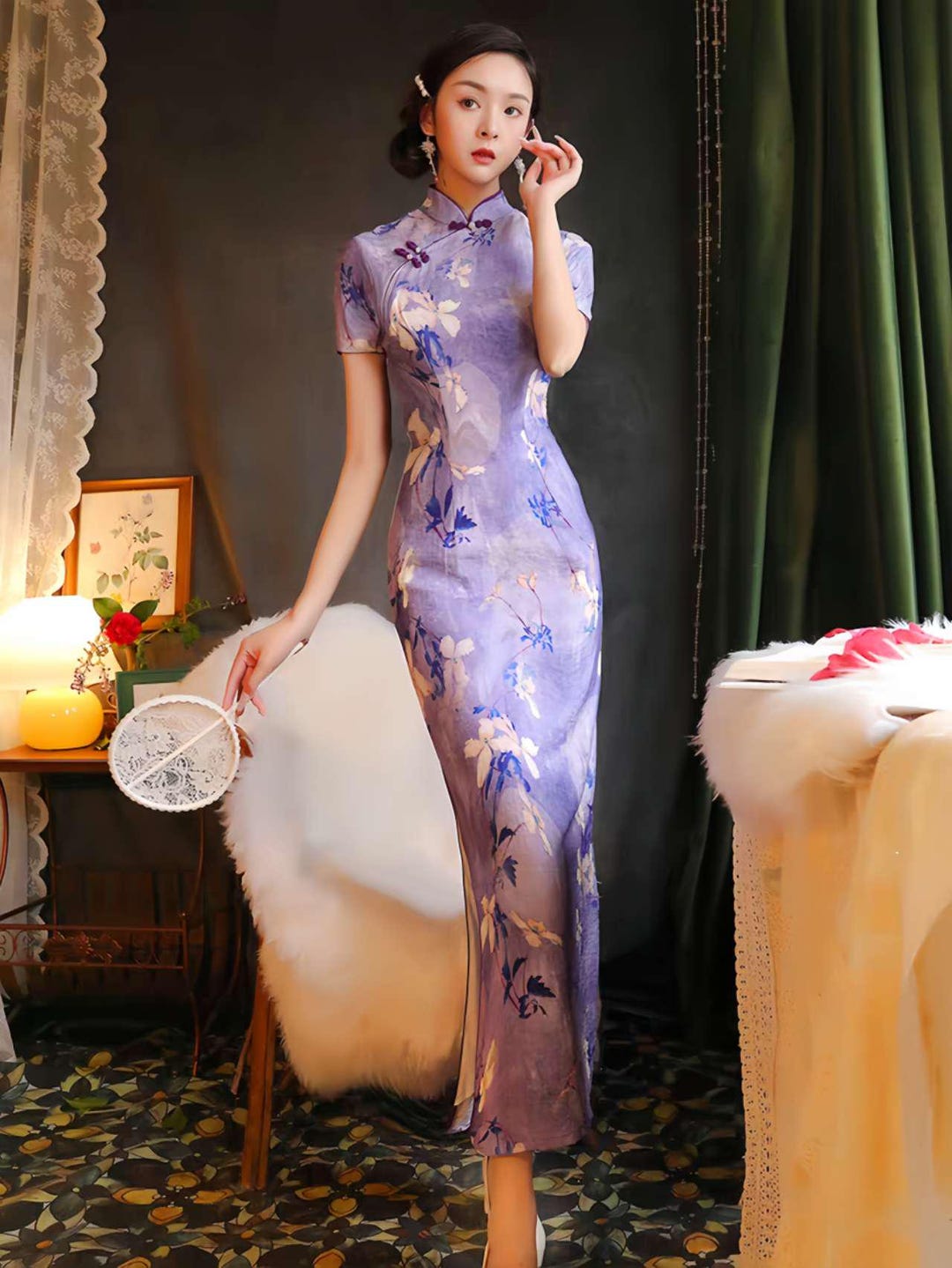 Lavender Silk Linen Qipao, Purple Orchid Cheongsam, Elegant Floral ...
