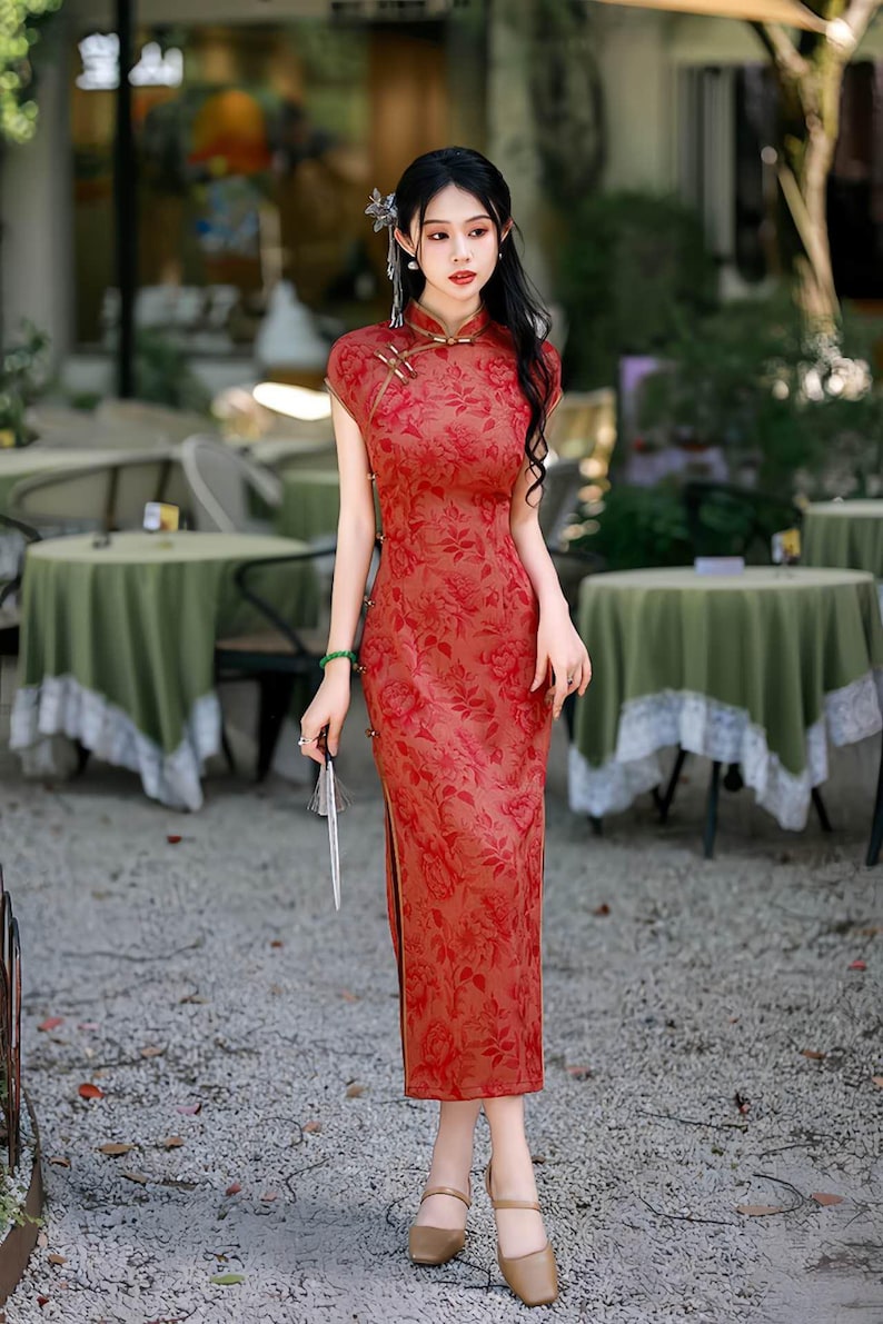 Red Brocade Qipao Dress, Elegant Chinese Cheongsam, Mother Gift Dress ...