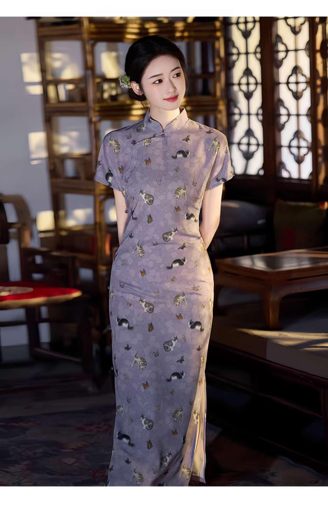 Purple Cat Cheongsam, Cute Vintage Chinese Dress, Oriental Gift for Her ...