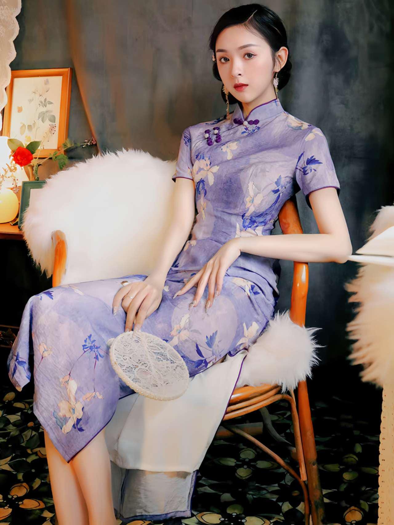 Lavender Silk Linen Qipao, Purple Orchid Cheongsam, Elegant Floral ...