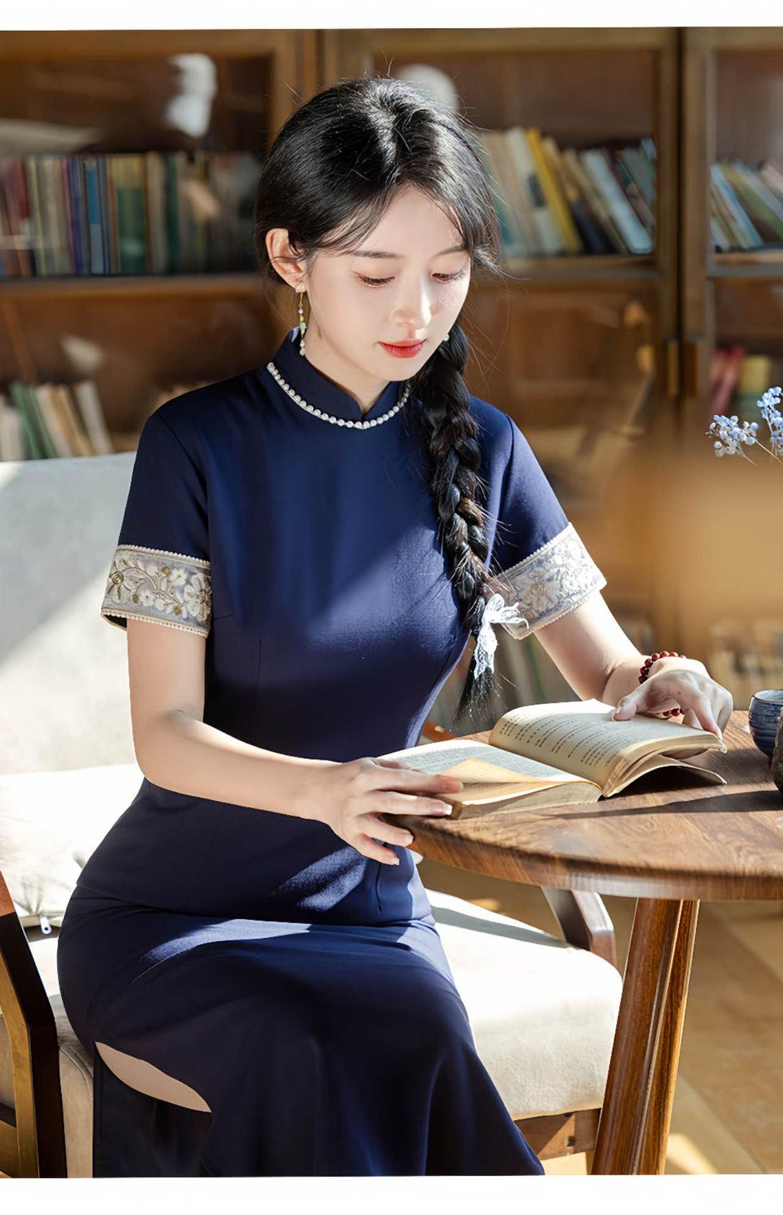 Blue Linen Cheongsam - Minimalist Navy Blue Cheongsam - Sustainable ...