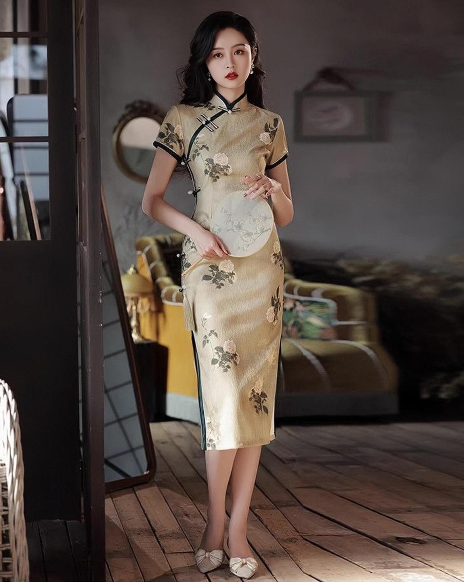 Vintage Lino Qipao Dress, Retro Chino Floral Cheongsam, Natural Ramio ...
