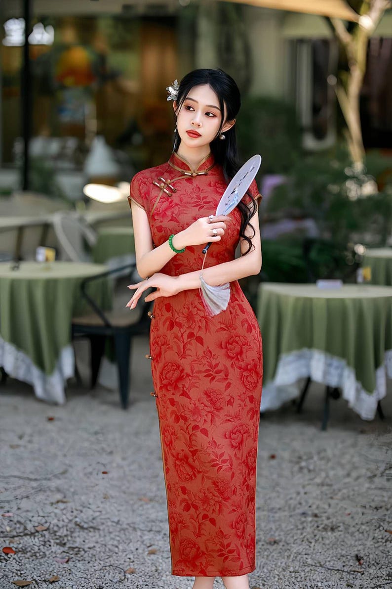 Red Brocade Qipao Dress, Elegant Chinese Cheongsam, Mother Gift Dress ...