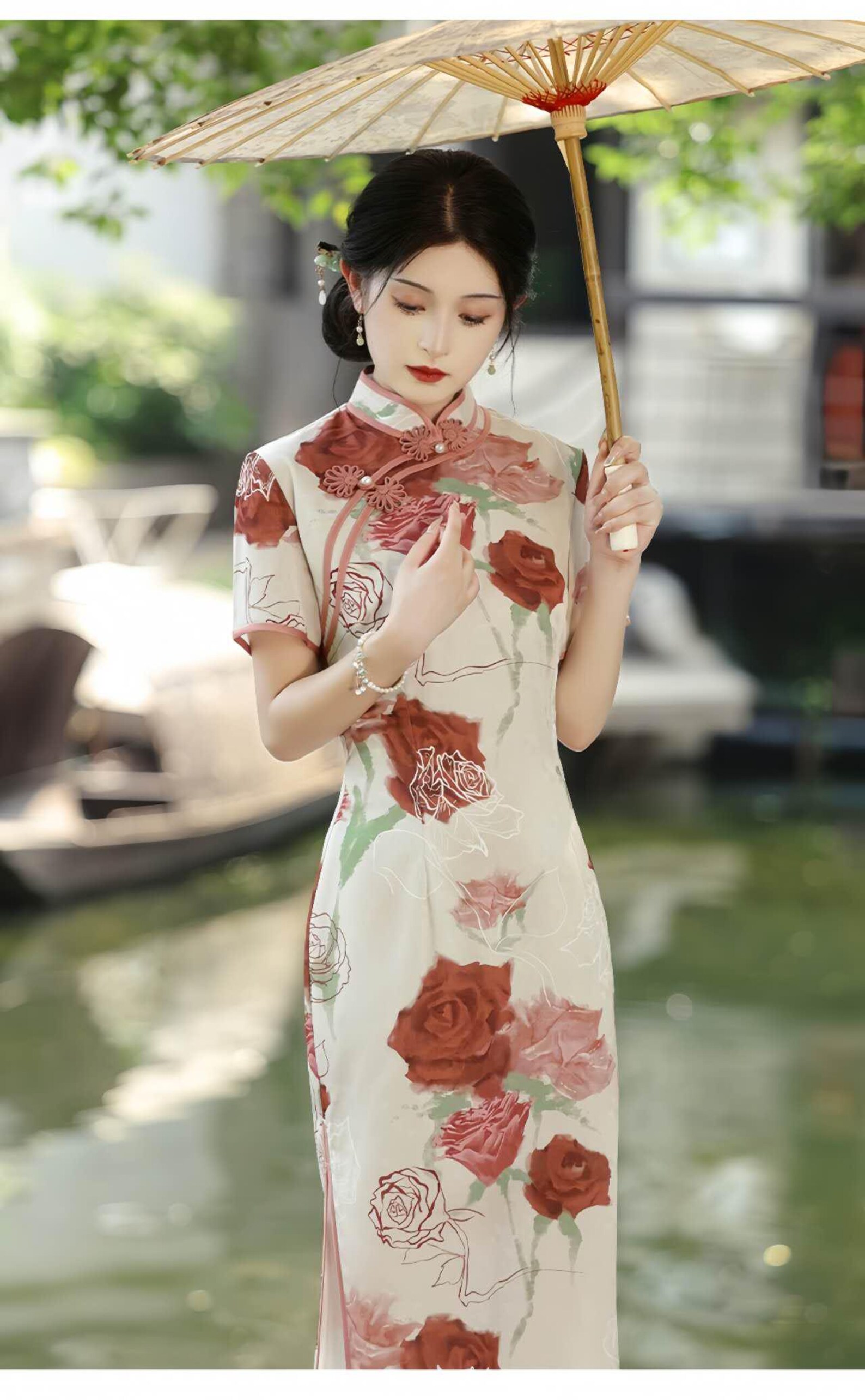 French Style Qipao, Rose Floral Cheongsam, Romantic Garden Dress ...
