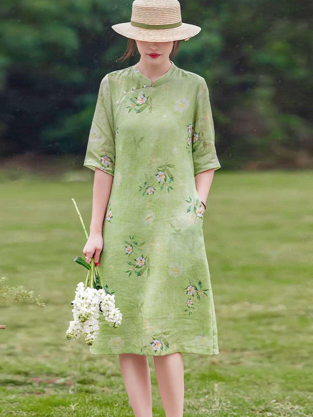 Green Linen Qipao, Vintage Floral Chinese Dress, Garden Tea Dress ...