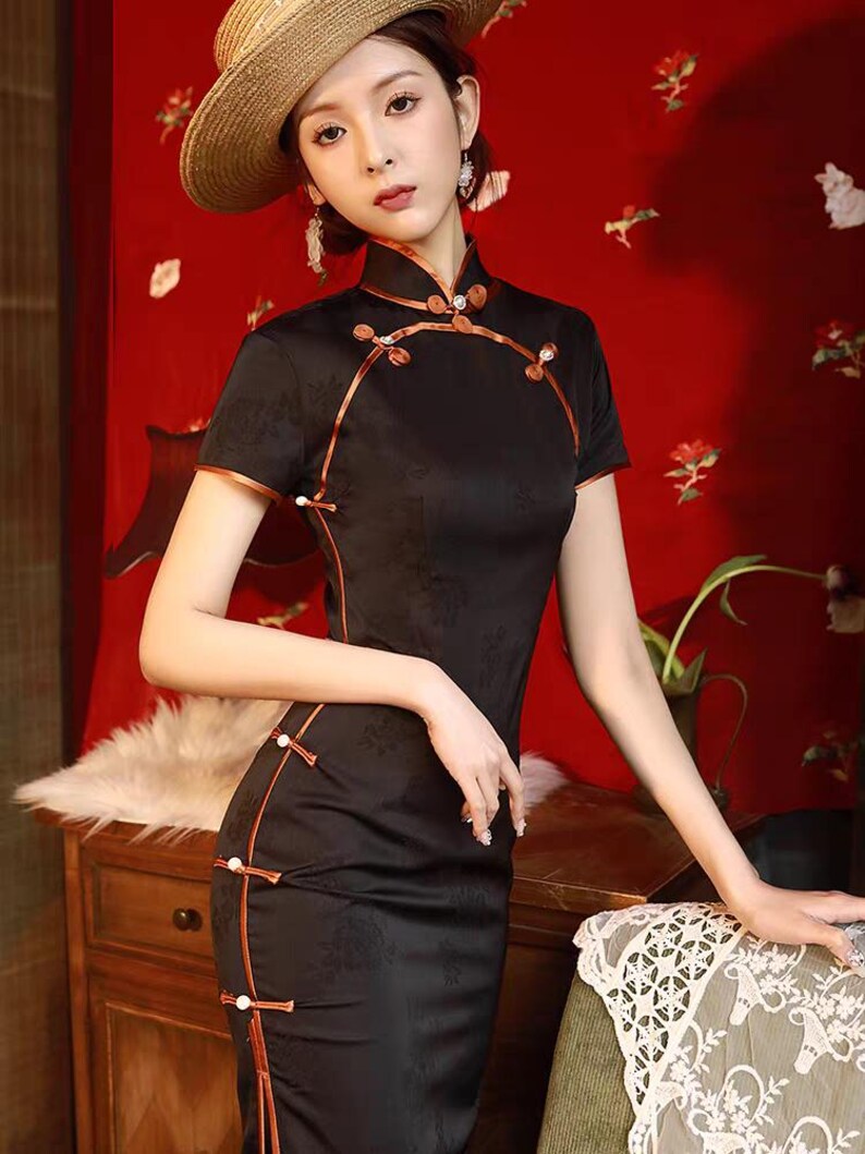 Black Satin Qipao Dress, Vintage Cheongsam Gown, Elegant, Traditional ...
