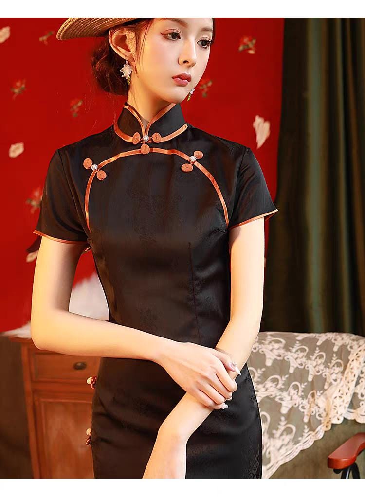Black Satin Qipao Dress, Vintage Cheongsam Gown, Elegant, Traditional ...