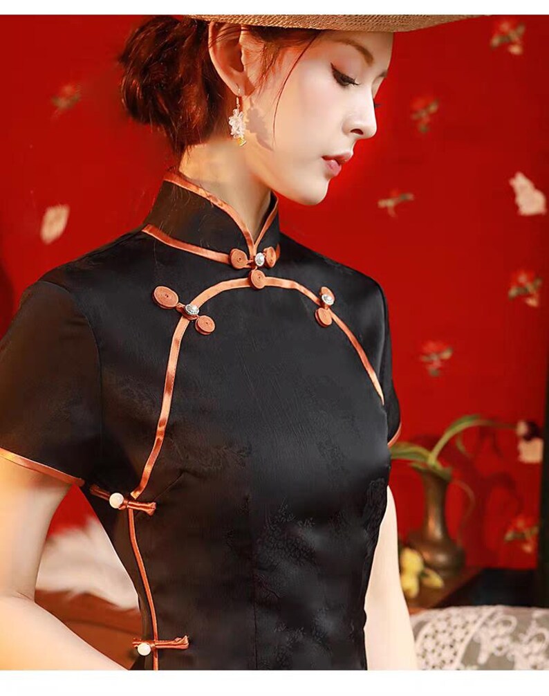 Black Satin Qipao Dress, Vintage Cheongsam Gown, Elegant, Traditional ...