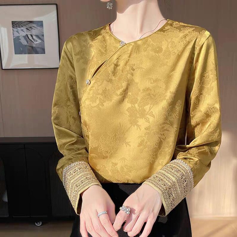 Chinese Jacquard Top, Hanfu Style Satin Shirt, New Oriental Blouse ...