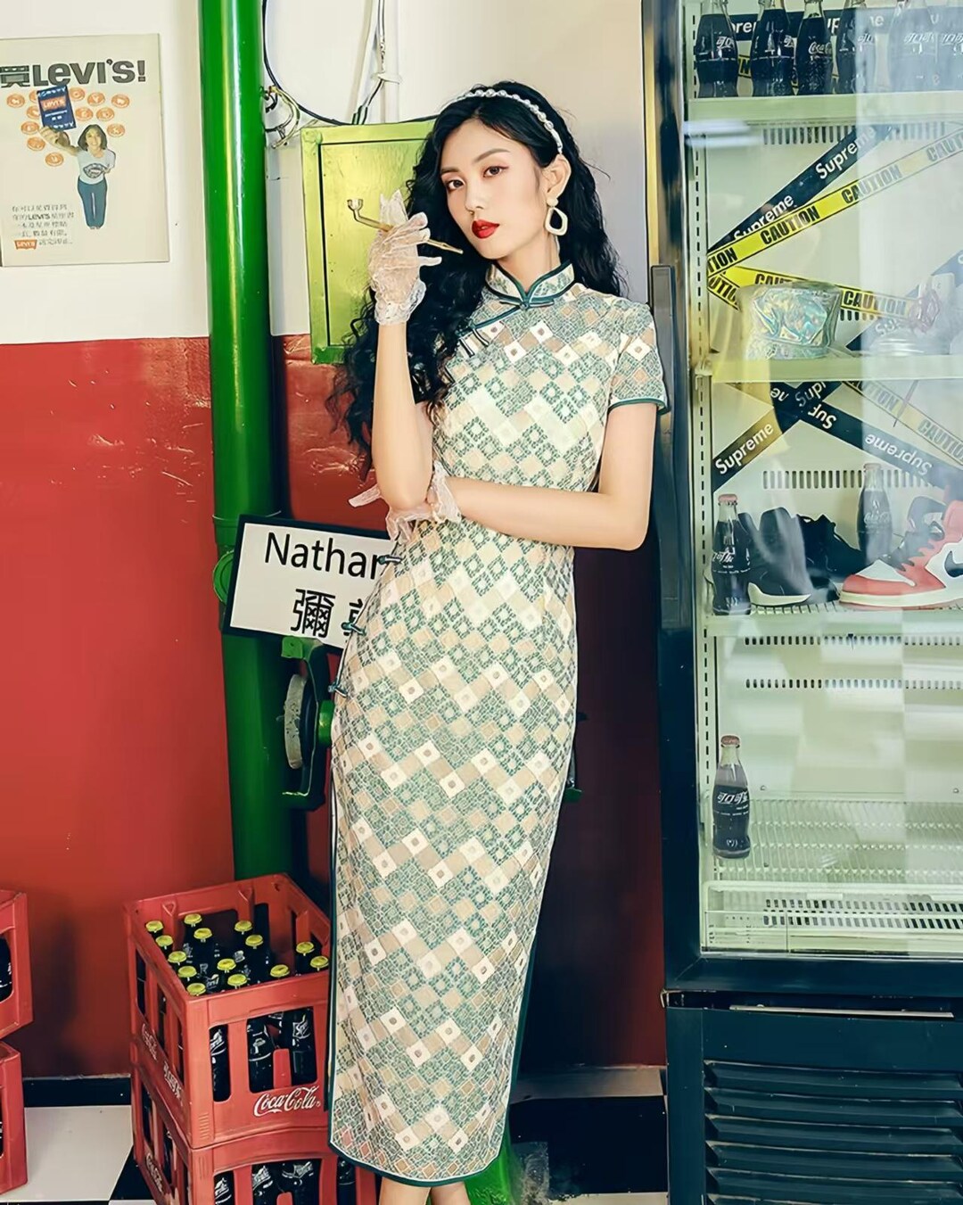 Y2K Cheongsam Dress, Retro Qipao Gown, Grid Lace Qipao, Vintage Chinese ...