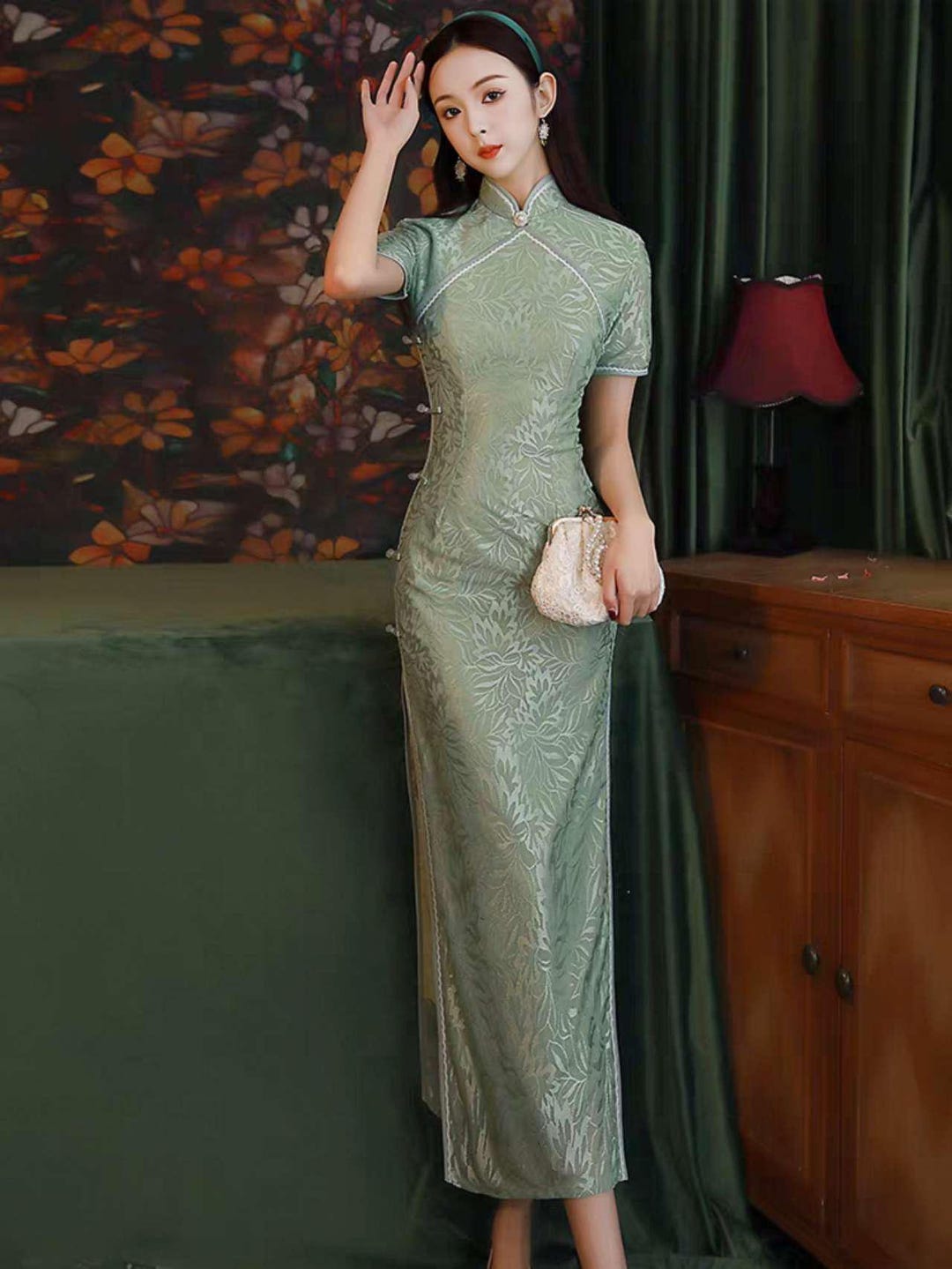 Green Lace Qipao Dress, Vintage Cheongsam Gown, Elegant Chinese Evening ...