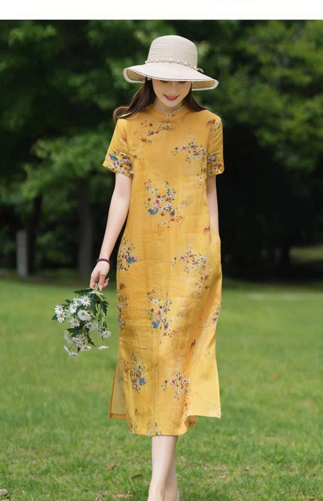 Yellow Linen Qipao, Vintage Chinese Dress, Floral Cheongsam, Boho Asian ...