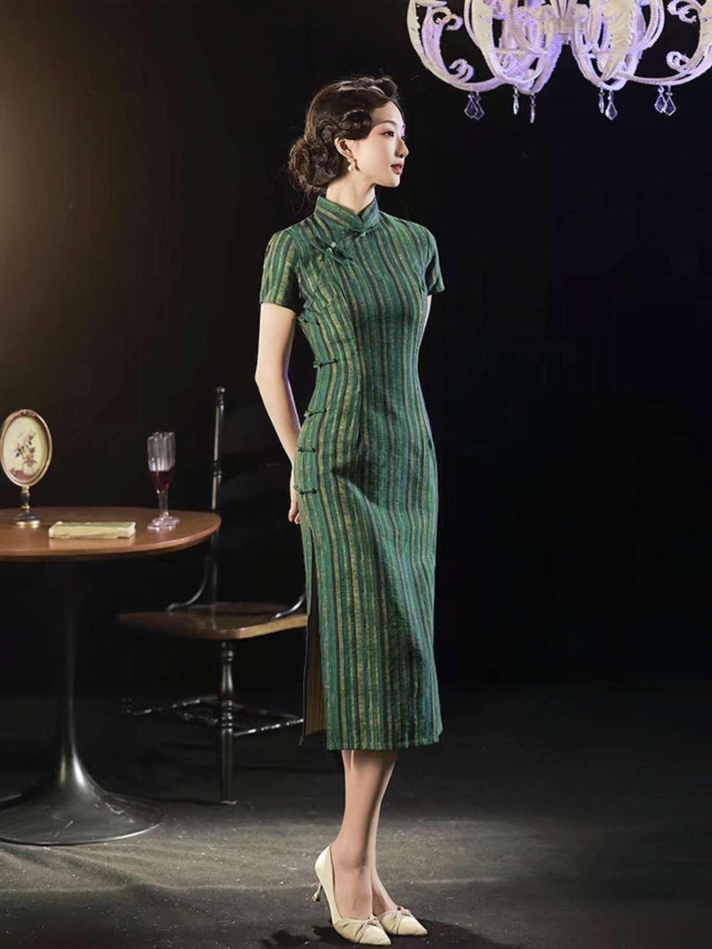 Vintage Green Qipao, Retro Chinese Dress,elegant Cheongsam, Striped ...
