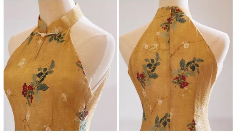 Vintage Halter Neck Cheongsam, Elegant Floral Linen Silk Qipao, Chinese ...