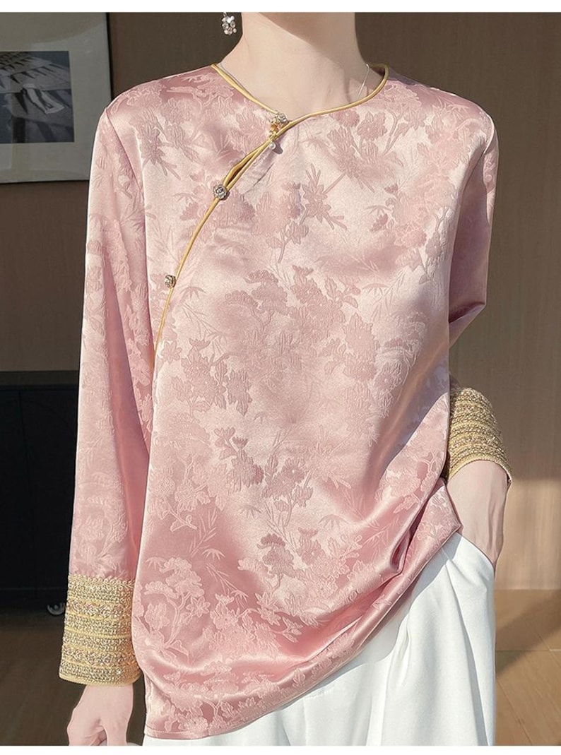 Chinese Jacquard Top, Hanfu Style Satin Shirt, New Oriental Blouse ...
