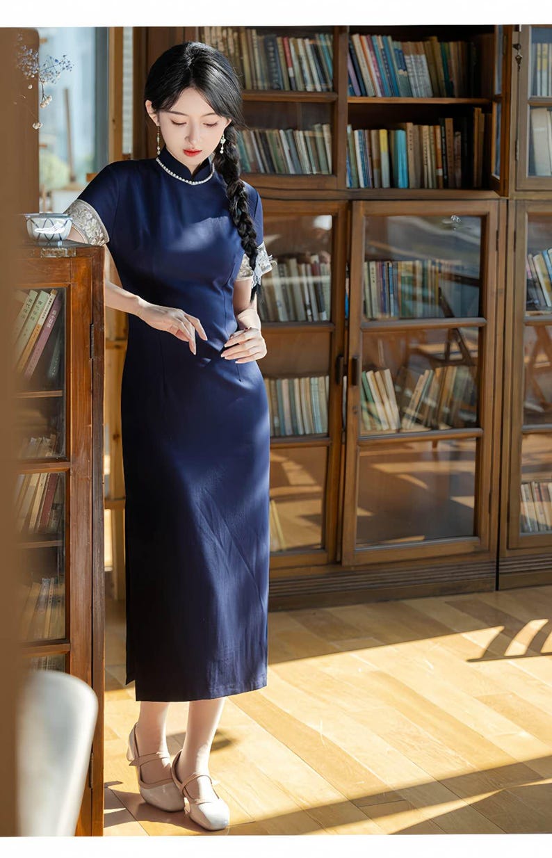 Blue Linen Cheongsam - Minimalist Navy Blue Cheongsam - Sustainable ...