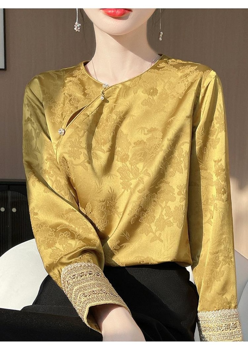 Chinese Jacquard Top, Hanfu Style Satin Shirt, New Oriental Blouse ...