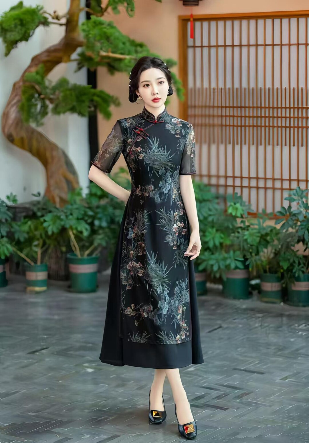 Black Ao Dai Qipao,oriental Floral Cheongsam, Elegant Vietnamese Dress ...