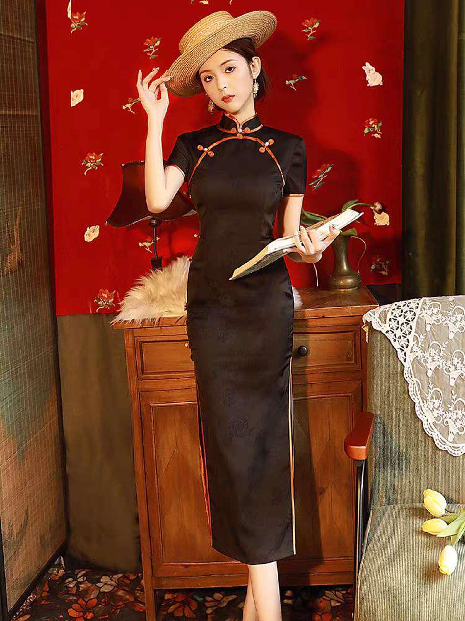 Black Satin Qipao Dress, Vintage Cheongsam Gown, Elegant, Traditional ...