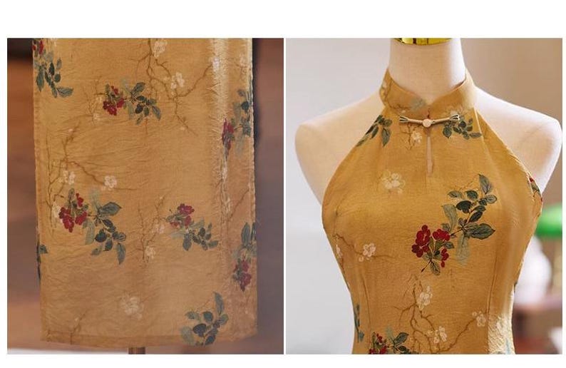 Vintage Halter Neck Cheongsam, Elegant Floral Linen Silk Qipao, Chinese ...