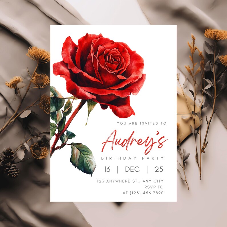 Elegant Red Rose Birthday Invitation: Floral Party Template (digital ...