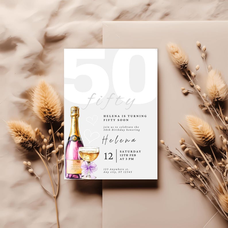 50th Birthday Invitation Template: Pink Champagne Floral (canva Digital ...