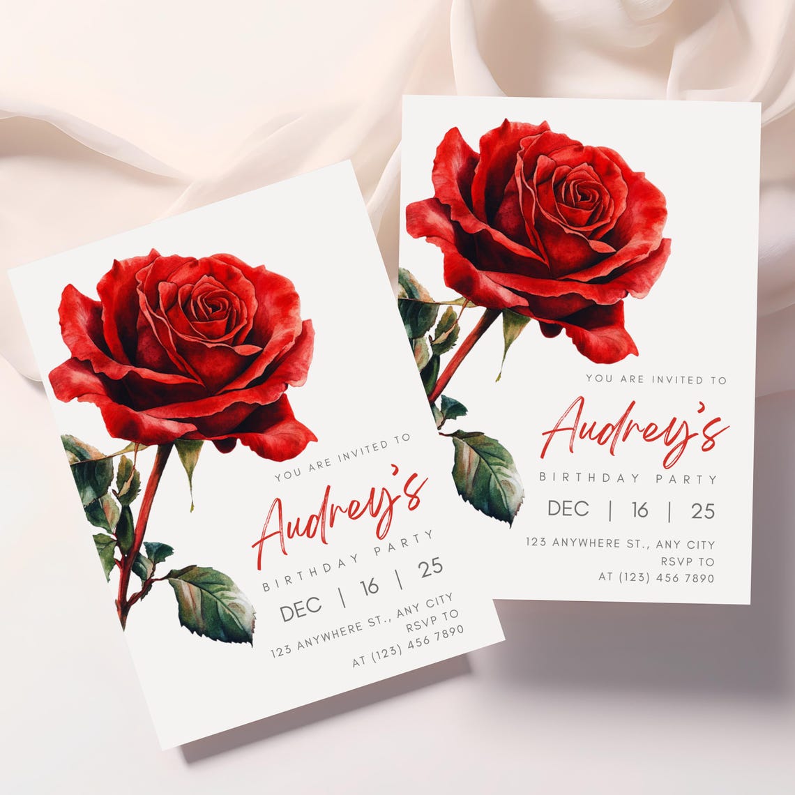 Elegant Red Rose Birthday Invitation: Floral Party Template (digital ...