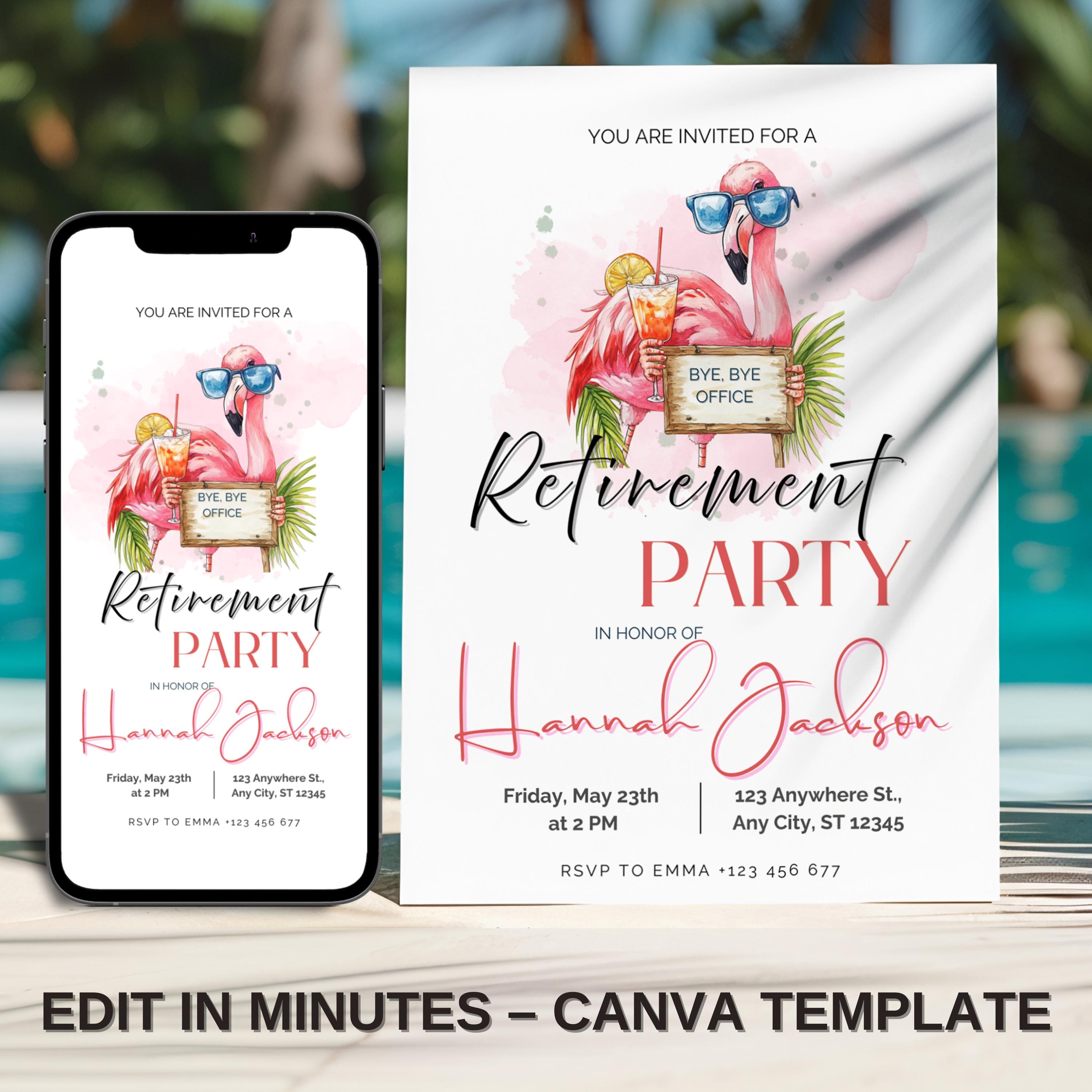 Flamingo Retirement Party Invitation: Editable Canva Template (digital ...