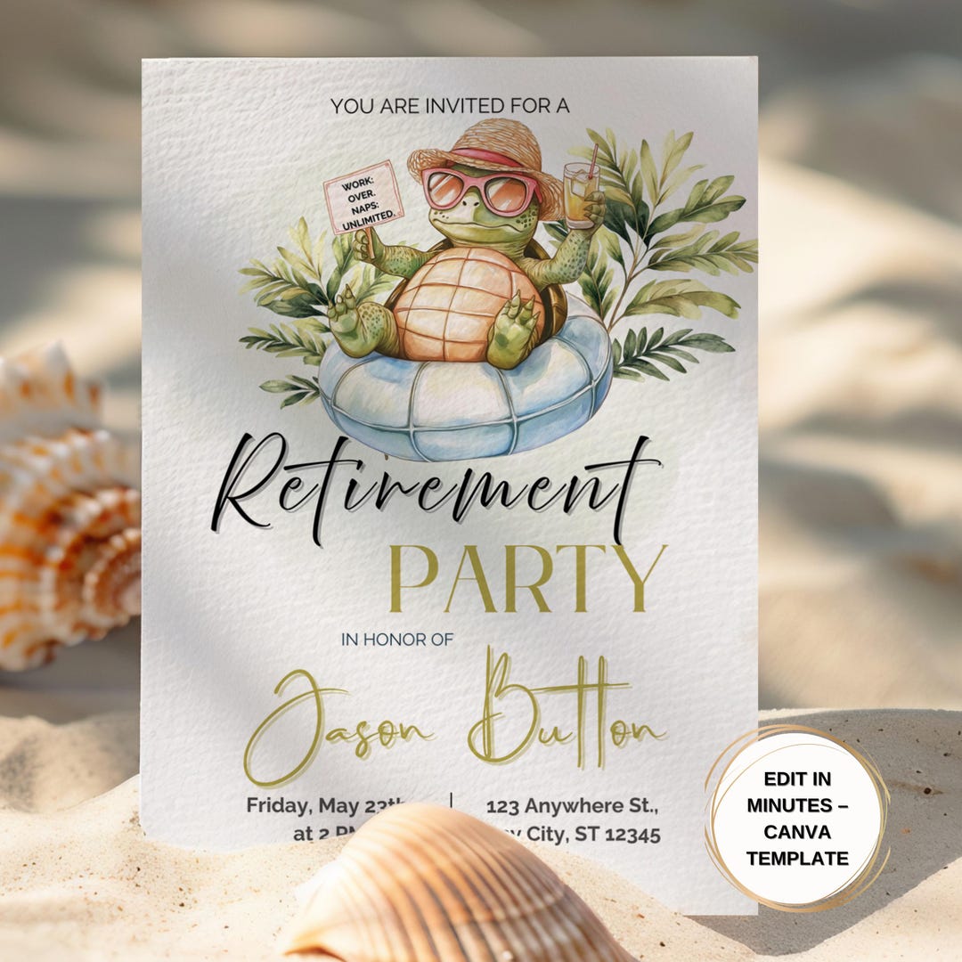 Funny Retirement Party Invitation With Turtle Float – Editable Canva ...