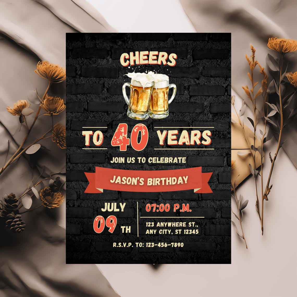 Cheers to 40 Years Invitation: Beer Theme, Editable Canva Template ...