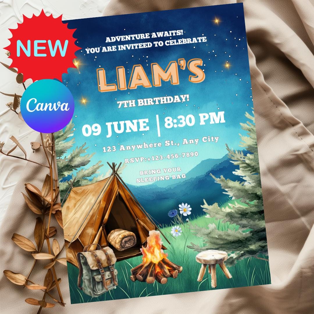 Editable Camping Birthday Invitation, Forest Camp Birthday Invitation ...