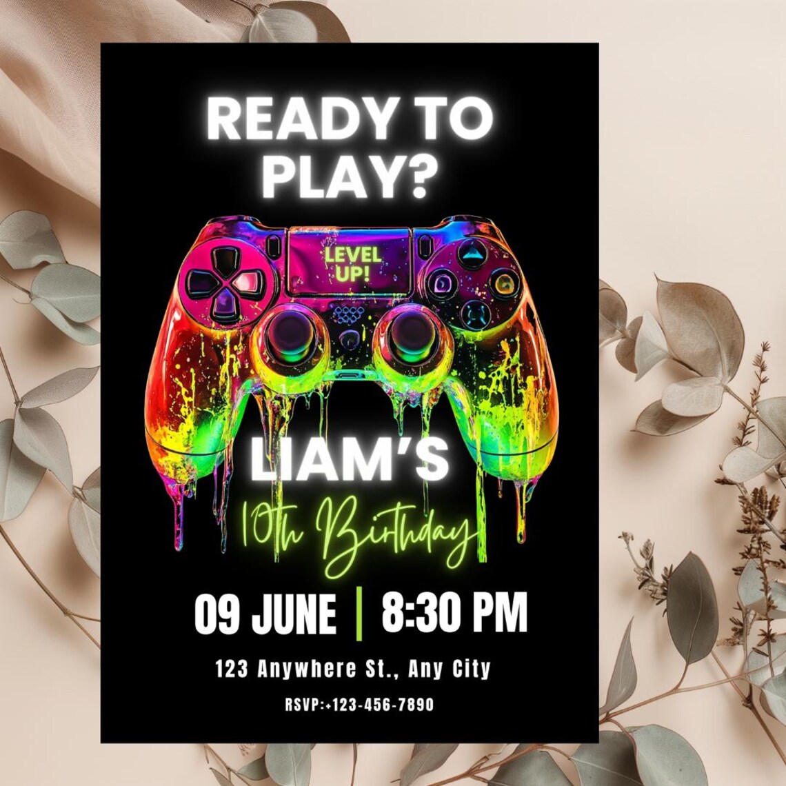 Neon Gamer Birthday Invitation: Editable Video Game Party Template ...