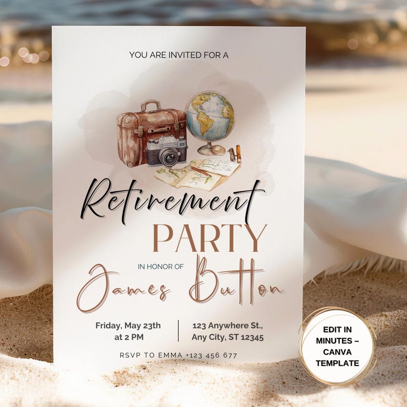 Travel Retirement Party Invitation: Vintage Suitcase, Globe (editable ...